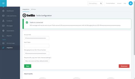 text messaging account setup with twilio vision6 support
