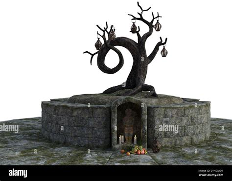 3d Spooky Halloween Scene With Crooked Tree On The Ancient Stone