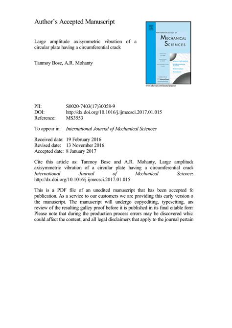 Pdf Large Amplitude Axisymmetric Vibration Of A Circular Plate Having A Circumferential Crack