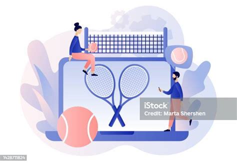 테니스 코트 테니스 라켓 및 공 스포츠 클럽 온라인 그룹 활동 훈련 챔피언십과 토너먼트 현대 플랫 만화 스타일 흰색 배경에 벡터 일러스트 레이 션 개념에 대한 스톡 벡터