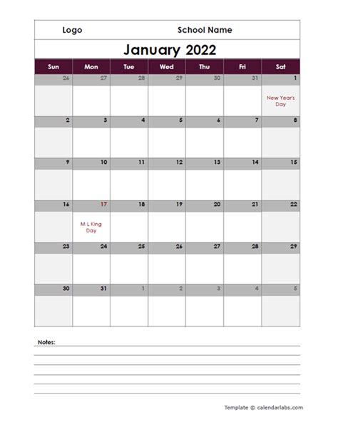 2022 Google Docs School Calendar Notes Free Printable Templates