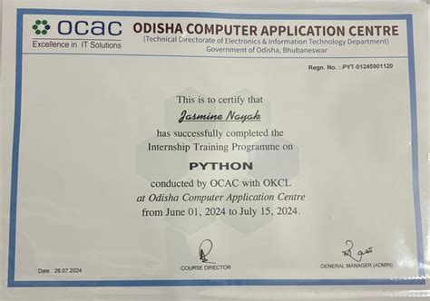 jasmine nayak on linkedin python internship ocac ai programming