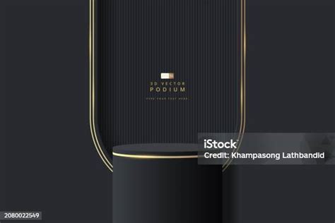 호화스러운 까만 3d 황금 선 실린더 연단 주춧대 현실적 또는 아치 창에 있는 수직 본을 가진 제품 진열대 모형을 위한 최소한의 벽 장면 무대 쇼케이스 3d 벡터 기하학적