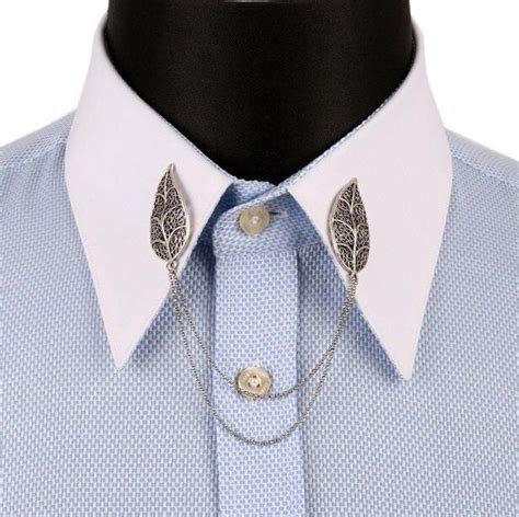 Silver Leaf Handmade Collar Pin Shirt Collar Pin Chain Mens Shirt Collar Chain Bar Mens