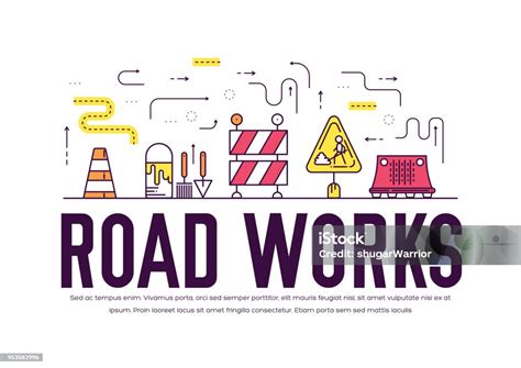 도 작품 벡터 개요 개념에서 사람들입니다 무거운 차량도로 유지 보수 선 그림을 만들기 타이 포 그래피 슬로건 텍스트 디자인 배너 도로 건설에 대한 스톡 벡터 아트 및 기타
