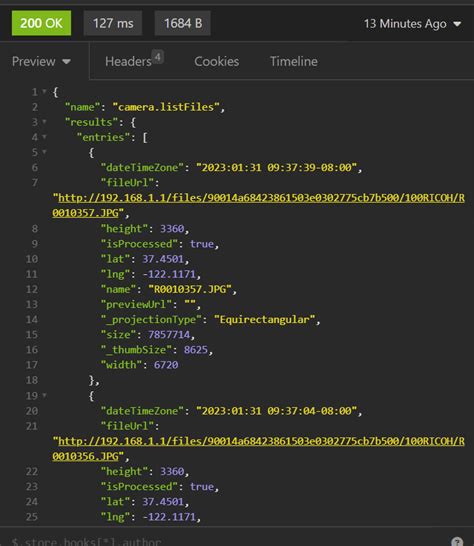 ricoh theta api testing making videos getting options getting list of files theta api