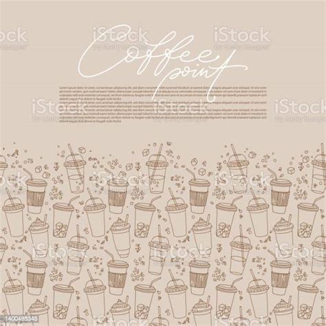 마케팅 캠페인 광고 프로모션을위한 배너를 손으로 그렸습니다 선형 손으로 그린 커피 컵은 거품과 얼음 조각이있는 다양한 종류의