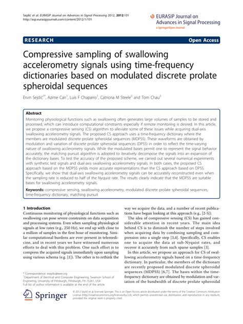 Pdf Compressive Sampling Of Swallowing Accelerometry Signals Using Time Frequency Dictionaries