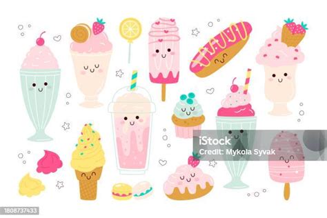 귀여운 카와이 밀크 쉐이크 차가운 상쾌한 디저트 음료 캐릭터 고립 된 벡터 일러스트 레이 션 세트 밀크 셰이크에 대한 스톡 벡터 아트 및 기타 이미지 Istock
