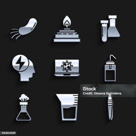 노트북 실험실 유리 제품 또는 비커 핀셋 세척 병 시험관 및 플라스크 화학 물질 헤드 전기 기호 및 아이콘에 박테리아를
