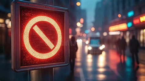 Red Traffic Signal In Urban Setting No Entry Illuminated By Light