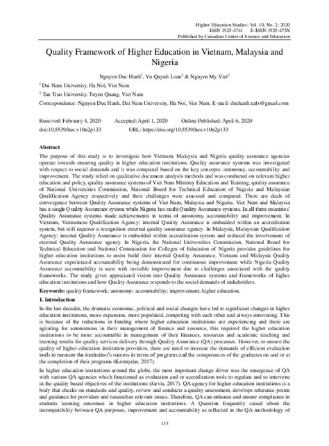 Pdf Quality Framework Of Higher Education In Vietnam Malaysia And Nigeria