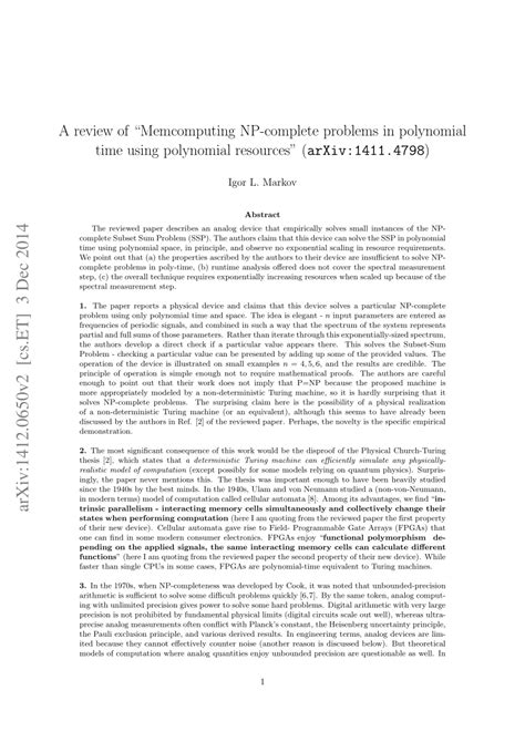 Pdf A Review Of Memcomputing Np Complete Problems In Polynomial Time Using Polynomial