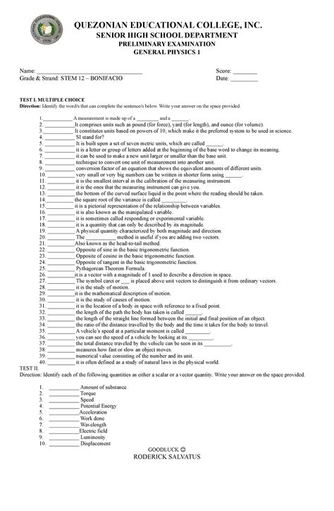 General Physics 1 Prelim Exam Quezonian Educational College Inc