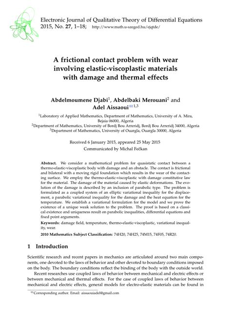 Pdf A Frictional Contact Problem With Wear Involving Elastic Viscoplastic Materials With
