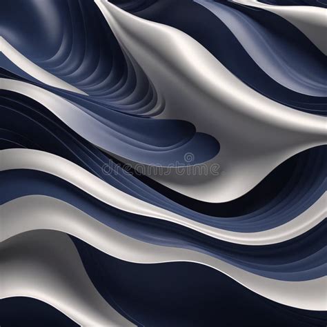 Midnight Blue Curved Wave Patterns 3d Render In Silver Edge Abstract Background Stock