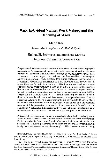 Pdf Basic Individual Values Work Values And The Meaning Of Work