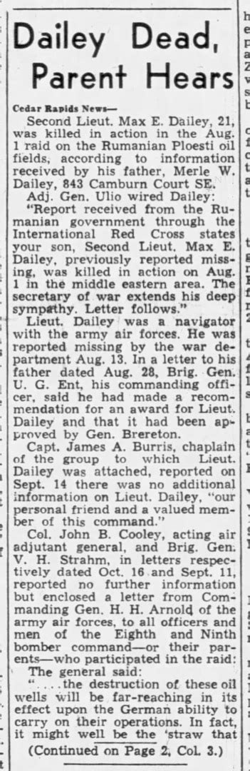 Airman Accounted For From Wwii Dailey M Defense Powmia
