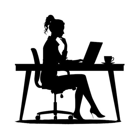 Silueta Escritorio De Oficina Con Portátil Y Café Con Mujeres