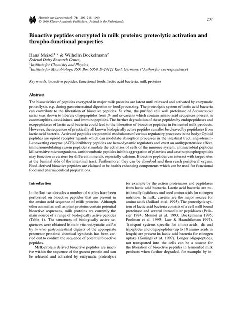Bioactive Peptides Encrypted In Milk Proteins Proteolytic Activation And Pdf