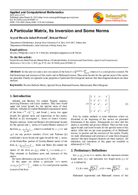 Pdf A Particular Matrix Its Inversion And Some Norms