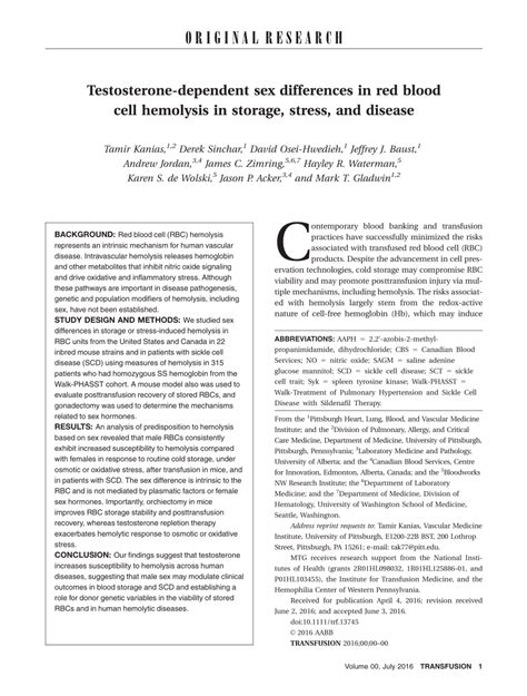 Pdf Testosterone‐dependent Sex Differences In Red Blood Cell Hemolysis In Storage Stress And
