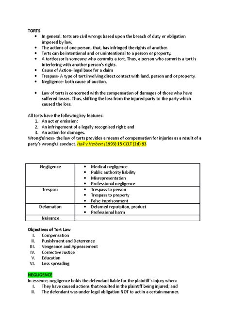 Torts Notes Tutorial Work TORTS In General Torts Are Civil Wrongs Based Upon The Breach Of