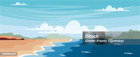 바다 풍경의 벡터 그림입니다 다양한 모양과 크기의 바위 범선 물에 반사 돌 바다 파도 모래 흰 구름이 있는 하늘이 있는 아름다운 바다 해안의 만화 장면 바다 해변 바다에