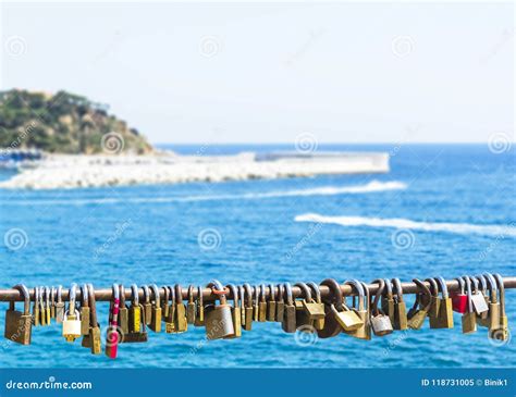 Padlocks On Rope Blue Sea Background Editorial Image Image Of Lock Beak 118731005