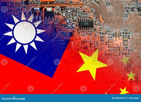 Flag Of The Republic Of China And Taiwan On Microchips Of A Electronic Printed Board Taiwan