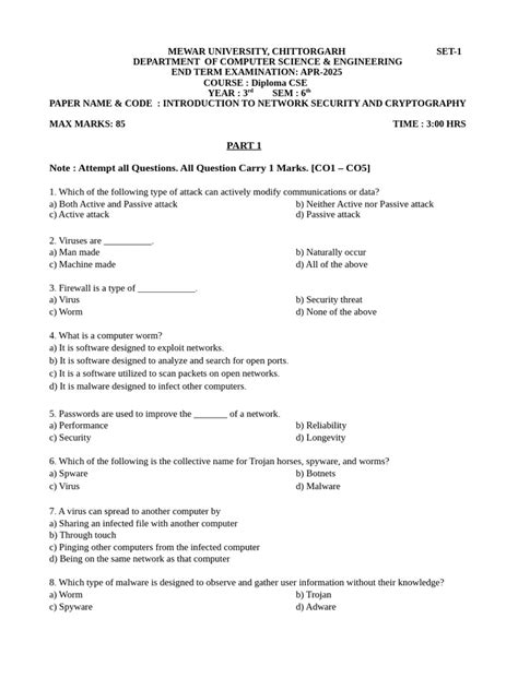 Diploma Cse 6th Sem Introduction To Network Security And Cryptography Paper Pdf Malware