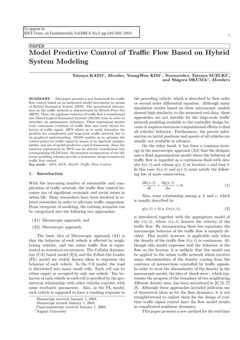 Pdf Model Predictive Control Of Traffic Flow Based On Hybrid System Modeling