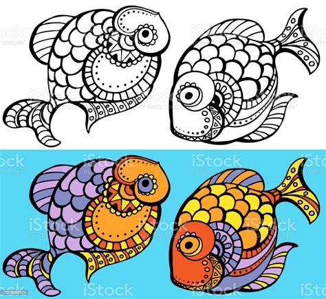 열대 어색 페이지 양식에 일치시키는 환상적인 물고기의 다채로운 그림 수중 세계 성인과 어린이를위한 안티 스트레스 착색 벡터 일러스트레이션 검은색에 대한 스톡 벡터 아트 및