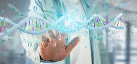 Man Holding A 3d Rendering Data Coded Dna With Binary File Around Stock
