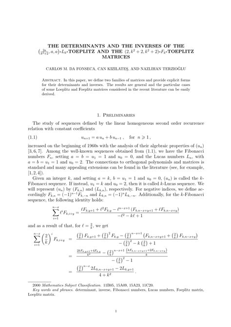 Pdf The Determinants And The Inverses Of The Left Frac 2a K 2