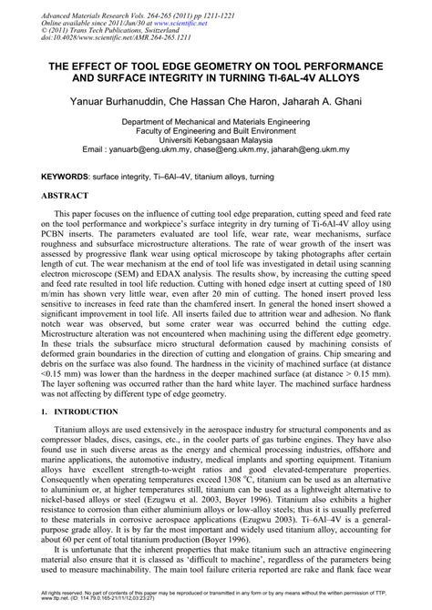 Pdf The Effect Of Tool Edge Geometry On Tool Performance And Surface Integrity In Turning Ti