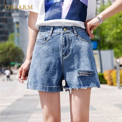 Women Broken Holes Denim Shorts High Waist Casual Wide Leg Woolen Edge