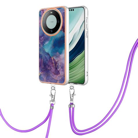 For Huawei Mate 60 Pro Electroplating Marble Dual Side IMD Phone Case With Lanyard Purple 016