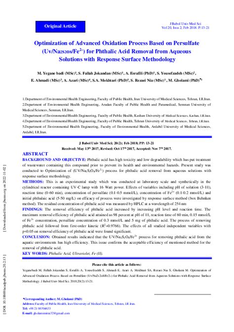Pdf Optimization Of Advanced Oxidation Process Based On Persulfate Uv Na2s2o8 Fe 2 For