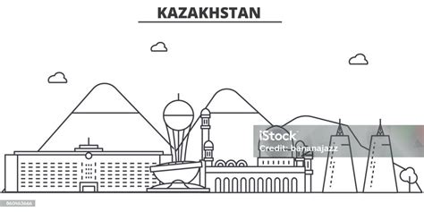 카자흐스탄 건축 선 스카이 라인 일러스트입니다 유명한 랜드마크 시티 명소와 선형 벡터 풍경 디자인 아이콘 편집 가능한 선 프리 알마티에 대한 스톡 벡터 아트 및 기타 이미지