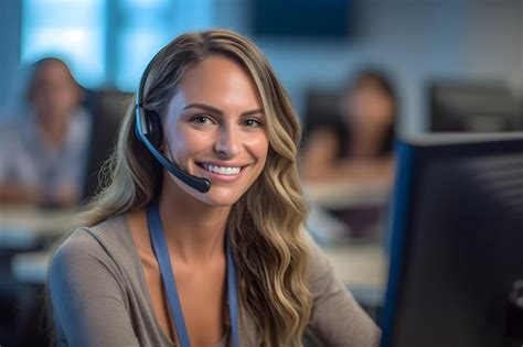 Premium Ai Image A Woman Wearing A Headset Sits In Front Of A Computer