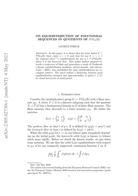 Pdf On Equidistribution Of Polynomial Sequences In Quotients Of Psl