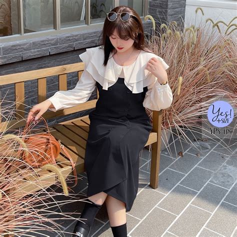 ชุดเดรสยาวสาวอวบ อก 38 50 นิ้ว เดรสแขนยาวคอปกระบาย2ชั้นแขนสีครีมวิ้ง สีดำสีน้ำตาล Yps 118