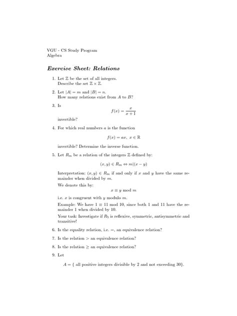 Discrete Mathematics Relation Exercises Pdf Algebra Mathematics
