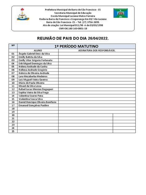 Lista De Assinatura Dos Pais Pdf