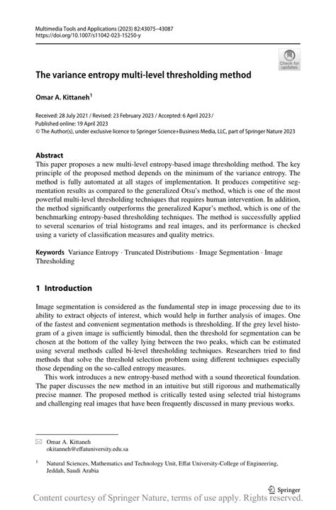 The Variance Entropy Multi Level Thresholding Method Request Pdf