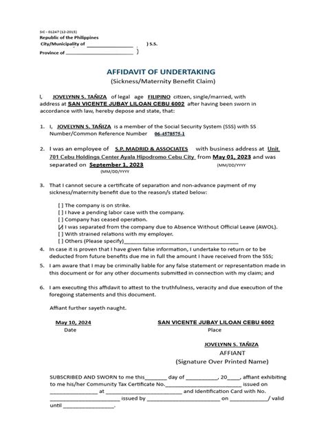 Sss Undertaking Form Pdf Affidavit