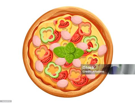 고기 고추 토마토와 치즈를 곁들인 맛있는 피자 흰색 배경에 고립 된 이탈리아 패스트 푸드 식사 벡터 일러스트 레이 션 0명에 대한 스톡 벡터 아트 및 기타 이미지 Istock