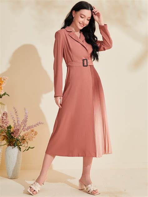 Shein Modely Two Tone Pleated Hem Buckled Belted Dress Shein Usa
