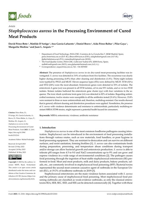 Pdf Staphylococcus Aureus In The Processing Environment Of Cured Meat Products